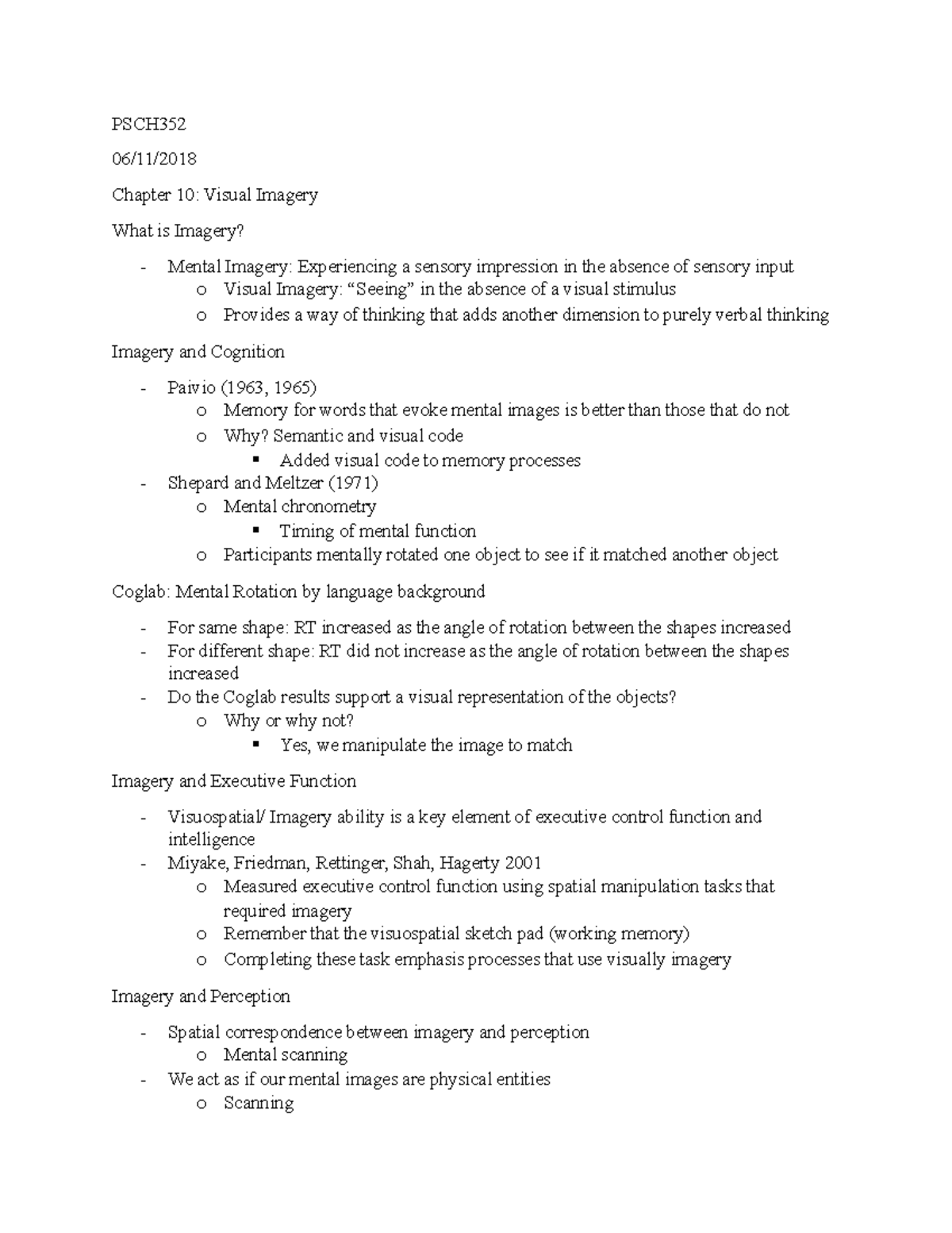 Notes 06-11-2018 Chapter 10 Visual Imagery - PSCH 06/11/ Chapter 10 ...
