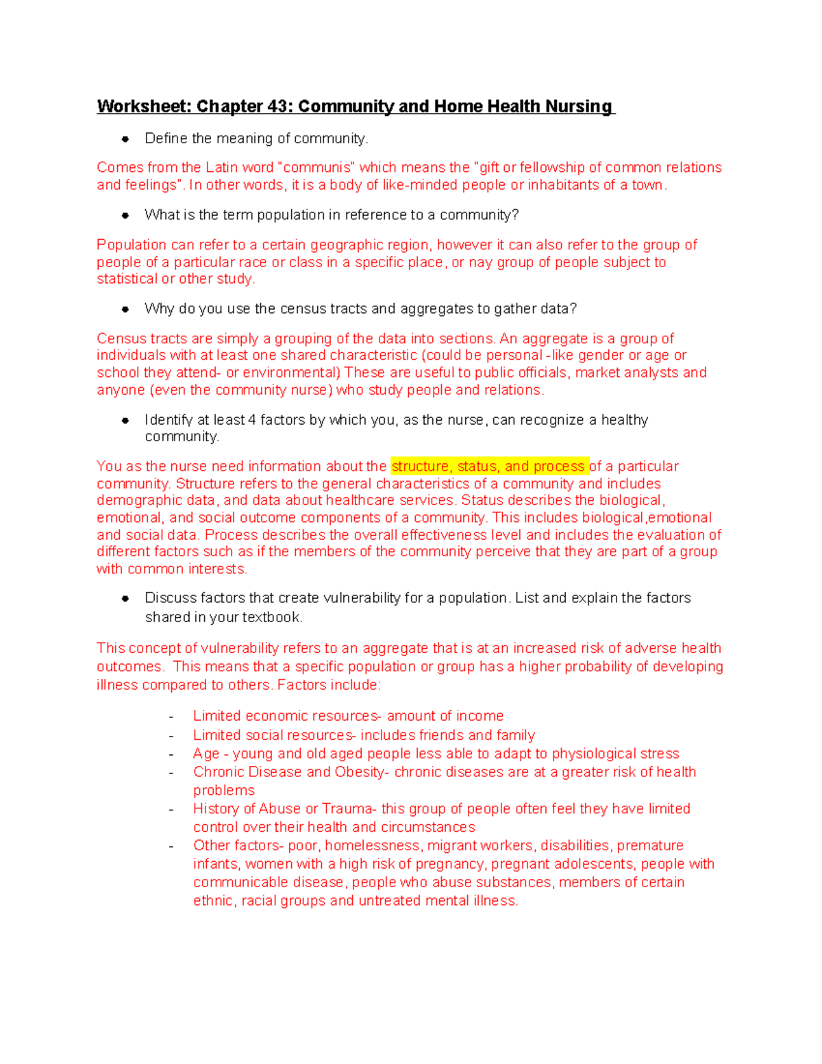 Worksheet Chapters 14 and 43 - Worksheet: Chapter 43: Community and ...