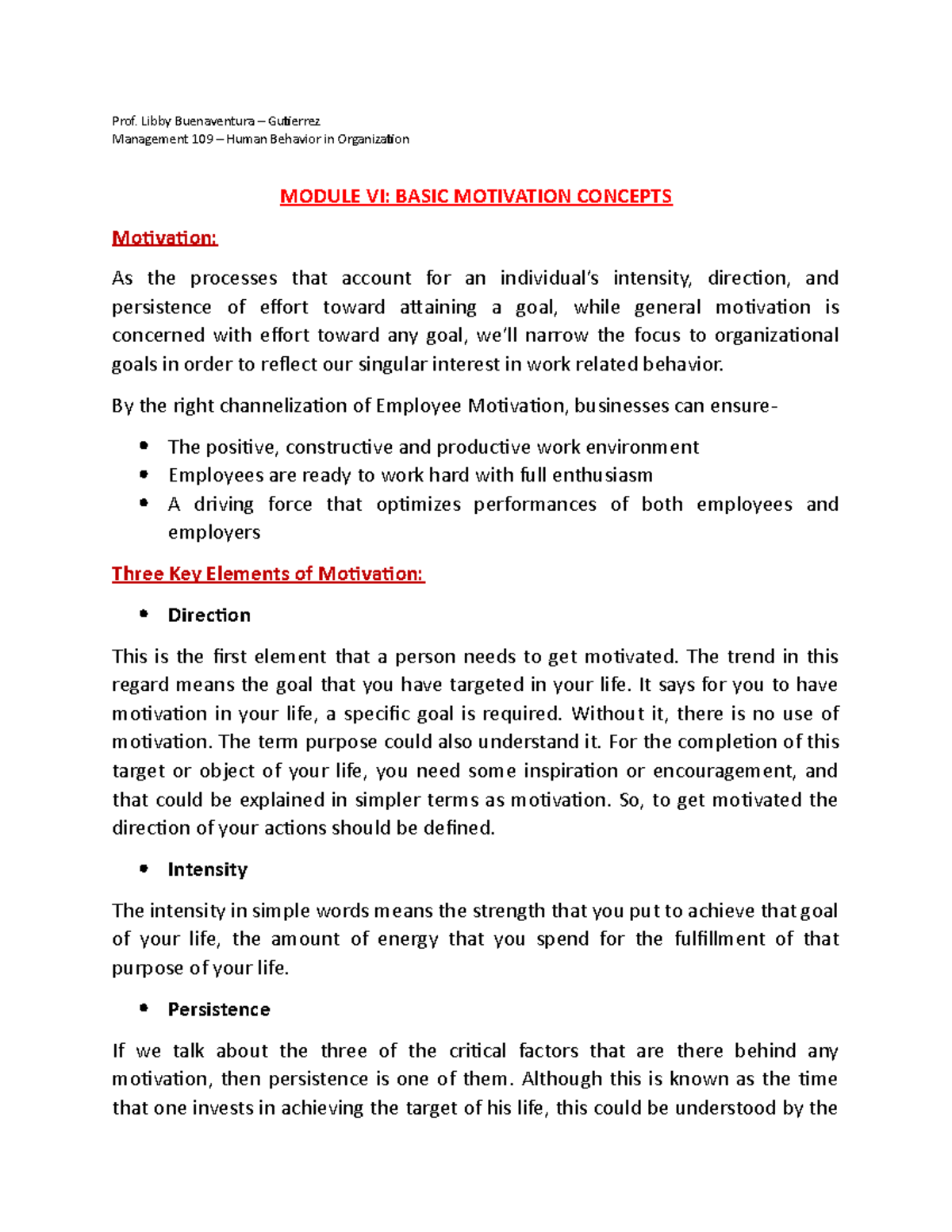 Module VI Basic Motivation Concepts - Prof. Libby Buenaventura ...