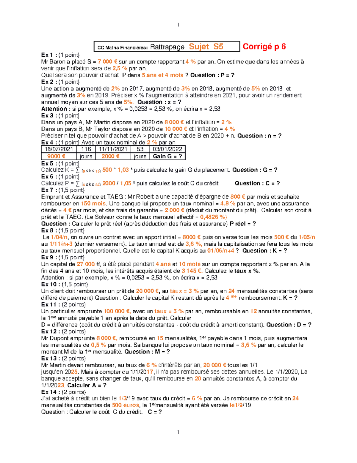 CC1 Blanc Maths Fi - CC1 - CC Maths Financières: Rattrapage Sujet S5 Corrigé p 6 Ex 1 : (1 point ...