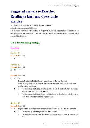 Bio Book 1A Answers - NSS Mastering Biology - Book 1A Suggested answers to Exercise, Reading to ...