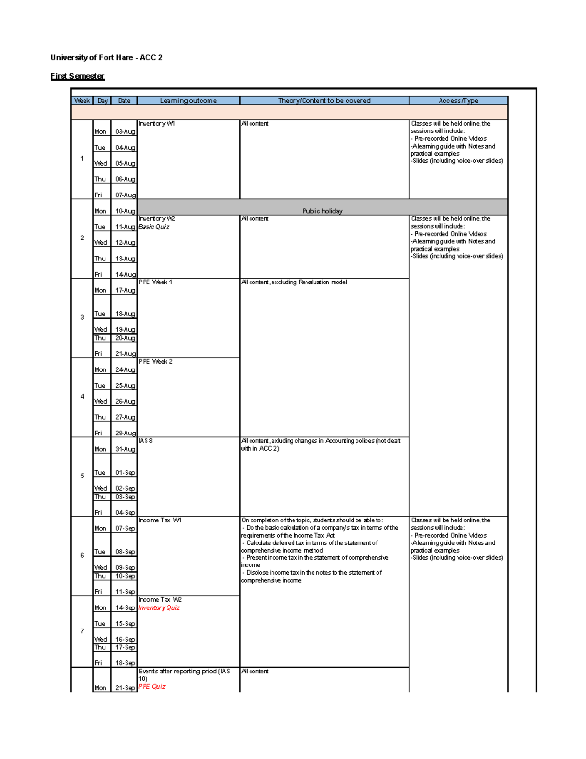 Calender First Semester - First Semester Week Day Date Learning outcome ...
