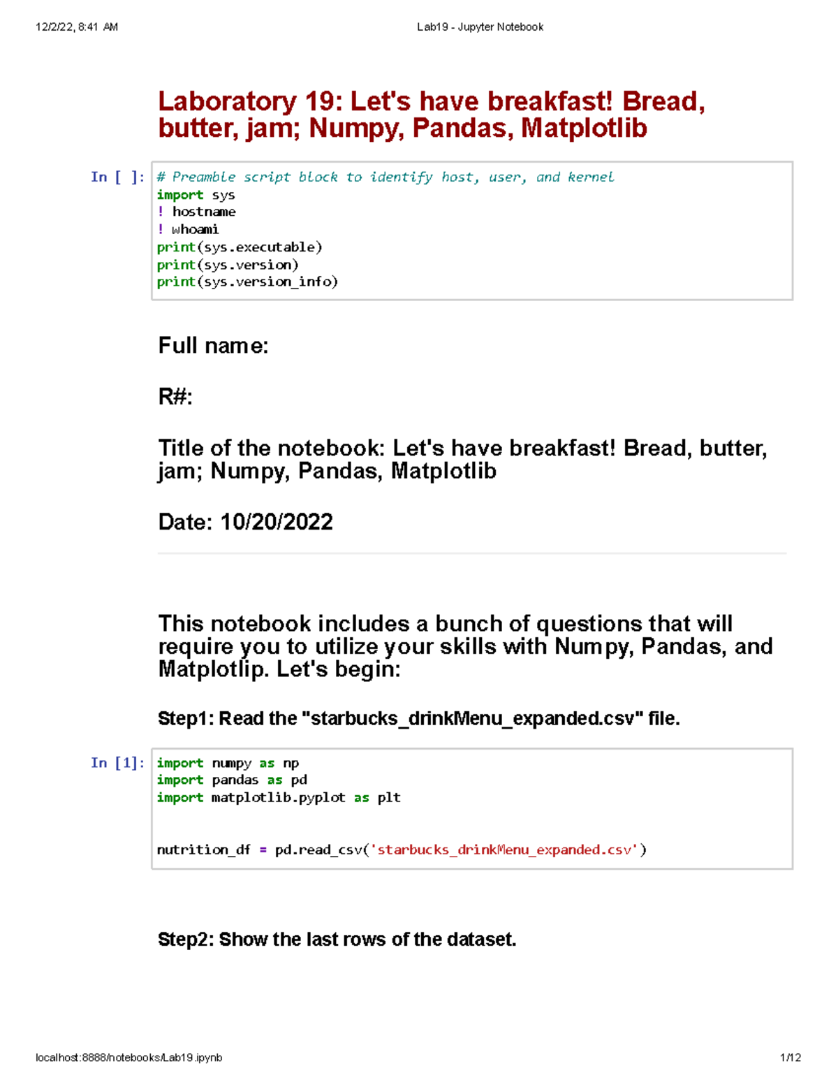 Lab 19 - Laboratory 19: Let's have breakfast! Bread, butter, jam; Numpy, Pandas, Matplotlib In ...