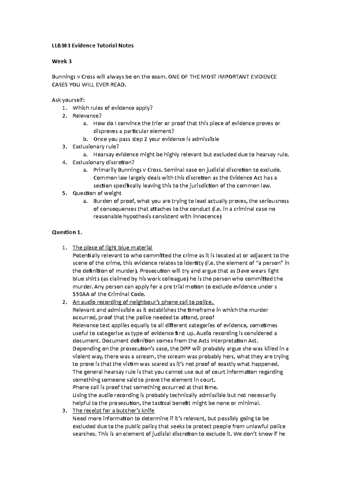 LLB303 Evidence Tutorial Notes - ONE OF THE MOST IMPORTANT EVIDENCE ...