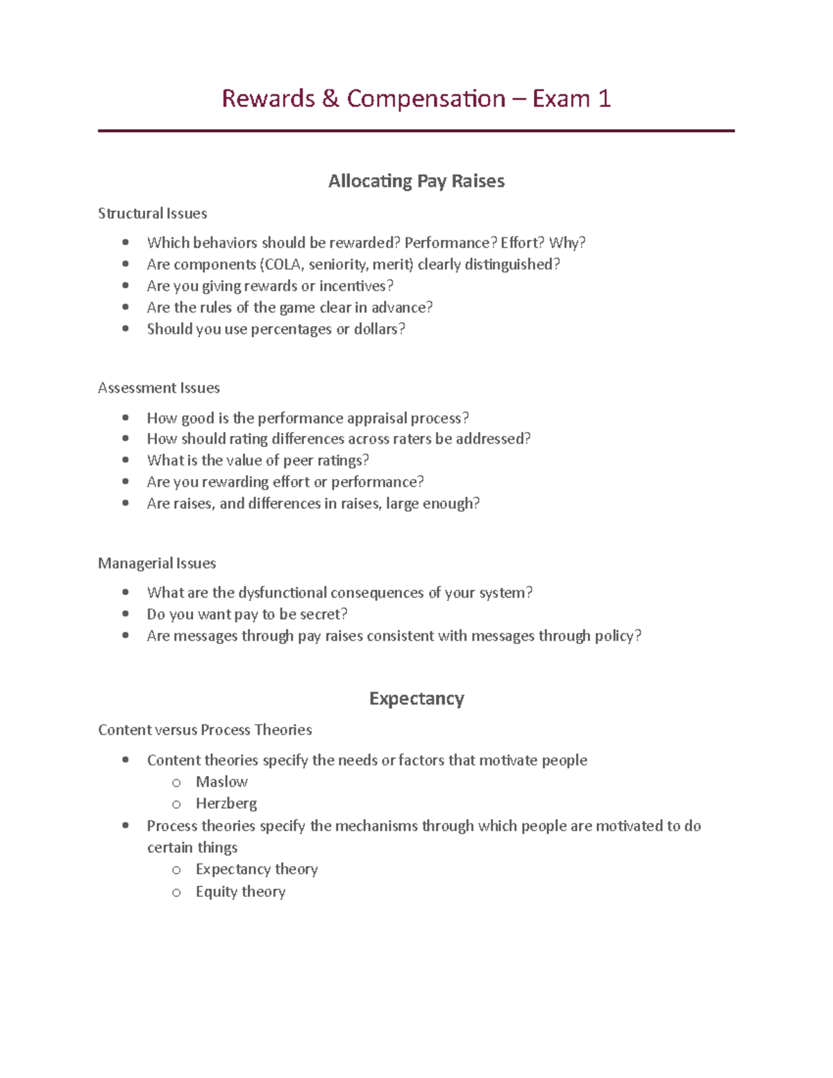 Rewards Exam 1 Notes - Rewards Compensation Exam 1 Allocating Pay ...