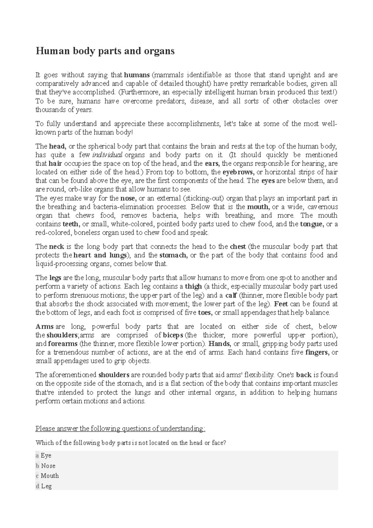 Reading Comprehension - Human body parts and organs It goes without ...