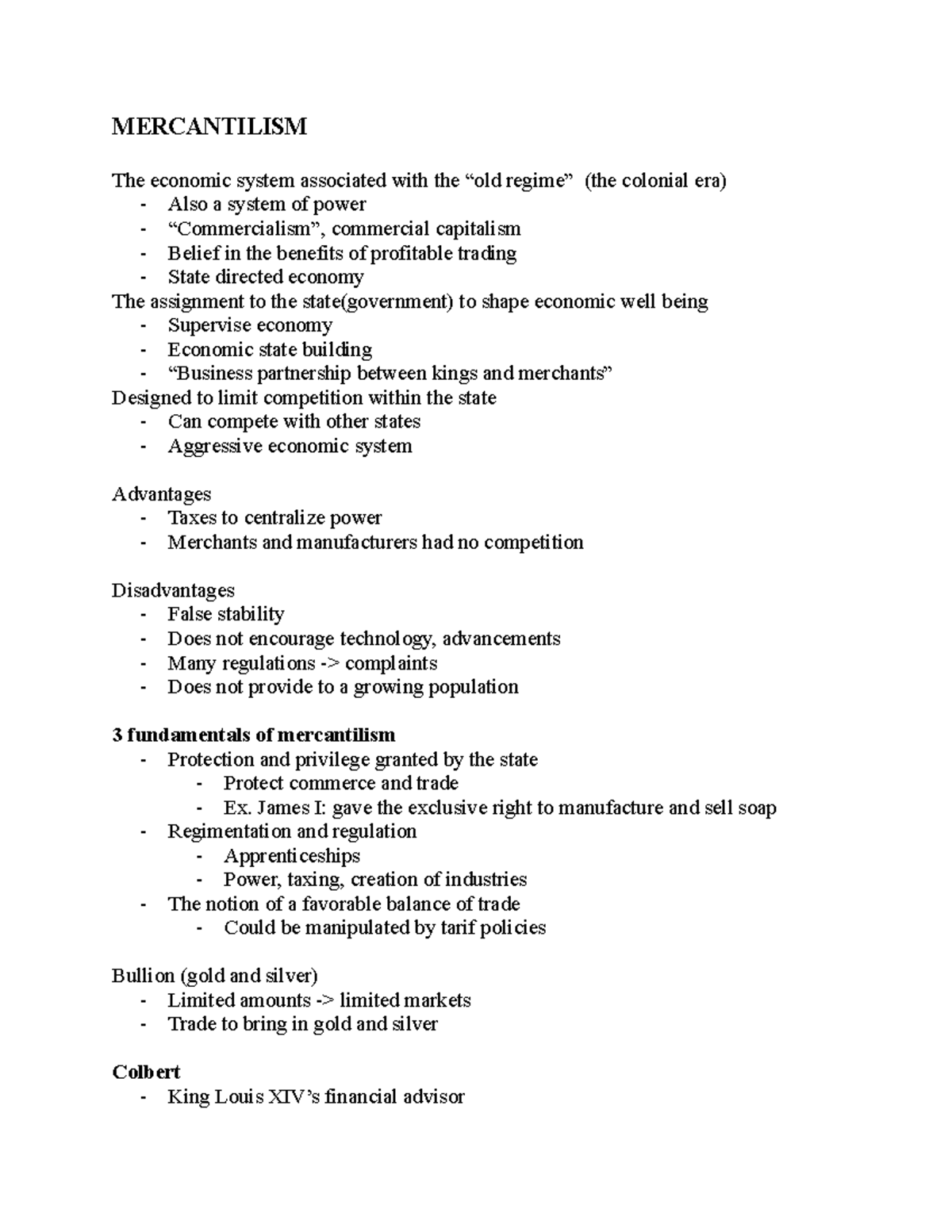Civ Notes #4 - Professor Alan Grub - MERCANTILISM The economic system ...
