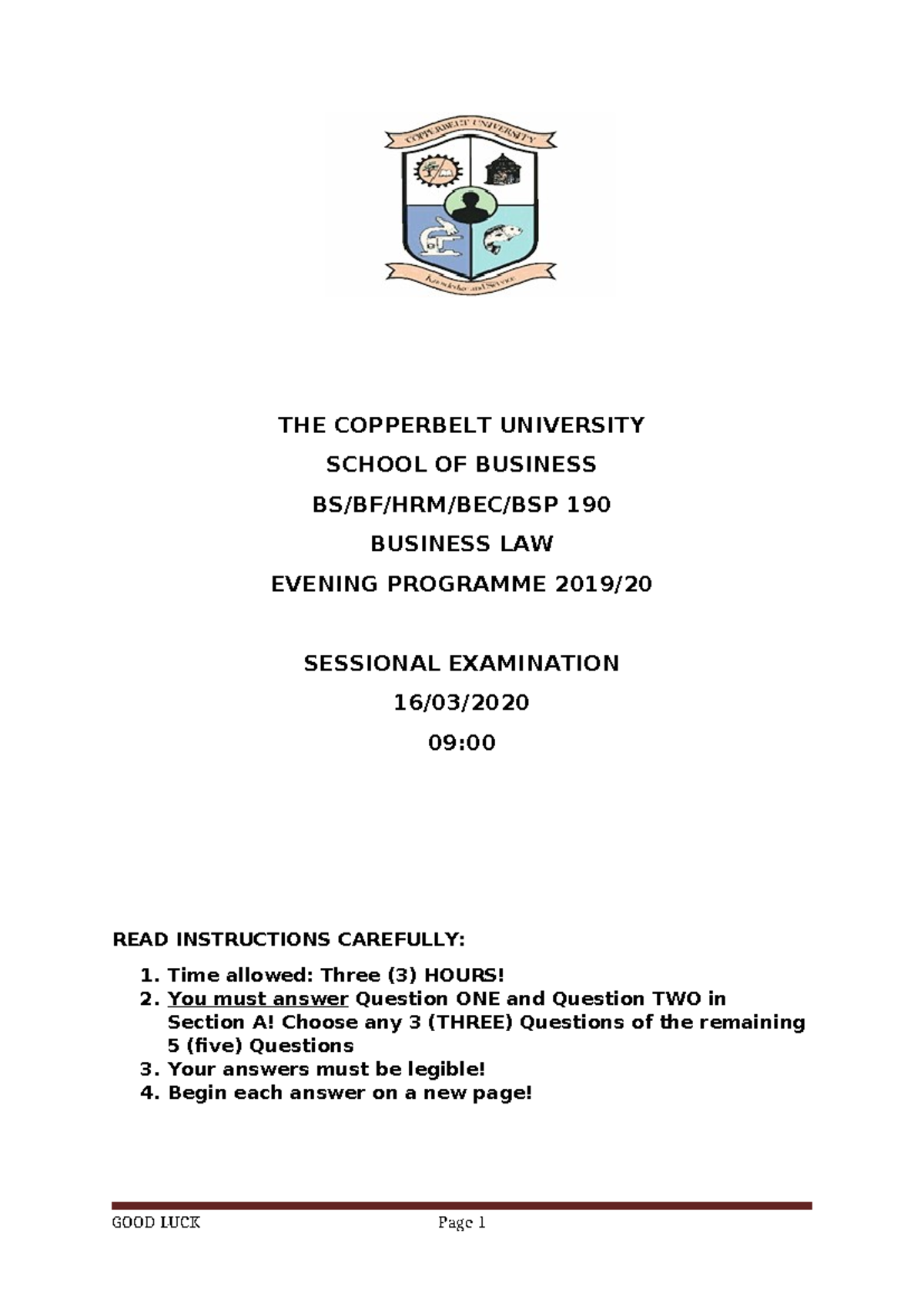 Evening Sessional EXAM BS 190 - THE COPPERBELT UNIVERSITY SCHOOL OF ...