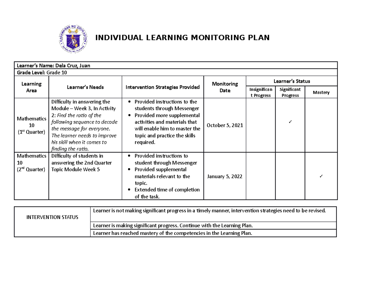 Individual Learning Monitoring PLAN - INDIVIDUAL LEARNING MONITORING ...