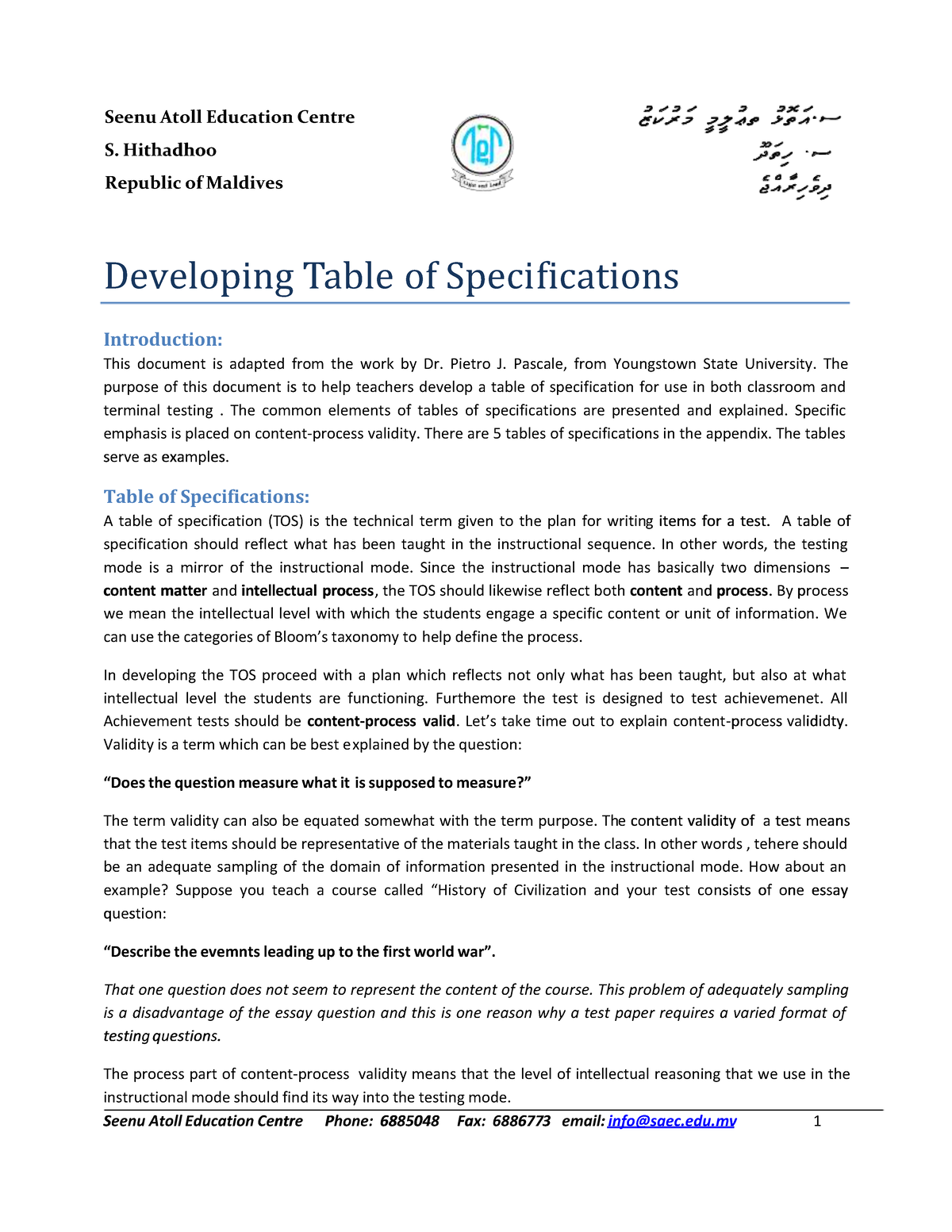 (TOS) Developing Table of Specifications - SeenuSeenu AtollAtoll ...