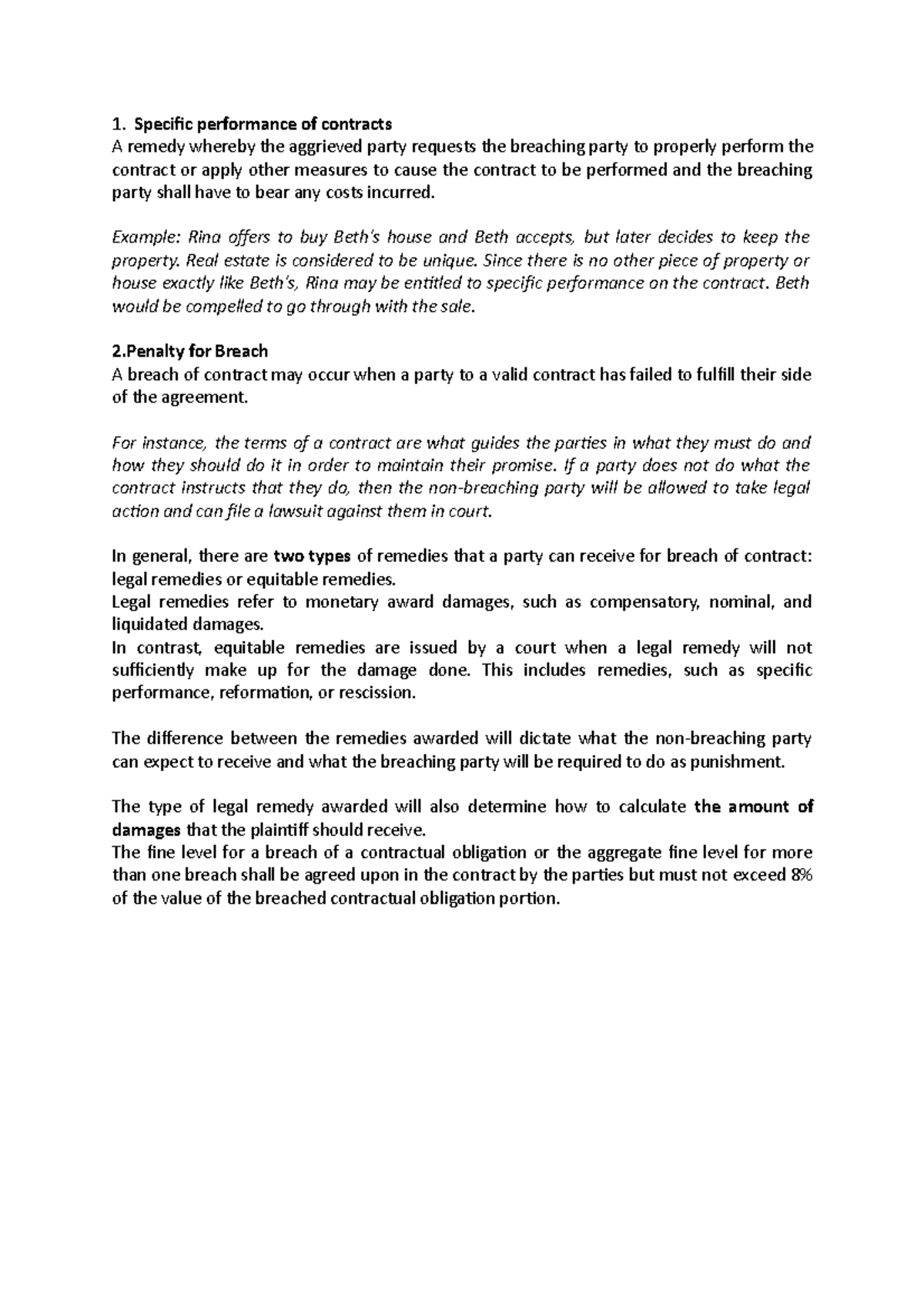Specific Performance Penalty For Breach Specific Performance Of Contracts A Remedy Whereby