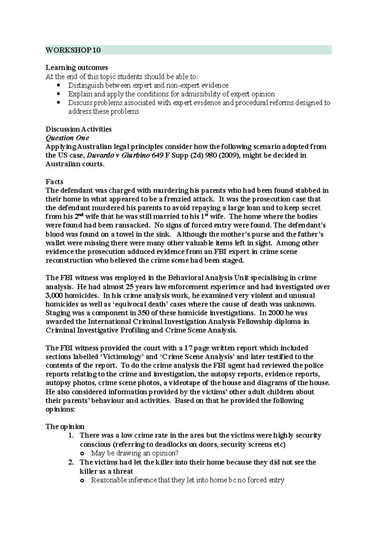 Week 10 workshop - notes exam prep - WORKSHOP 10 Learning outcomes At ...