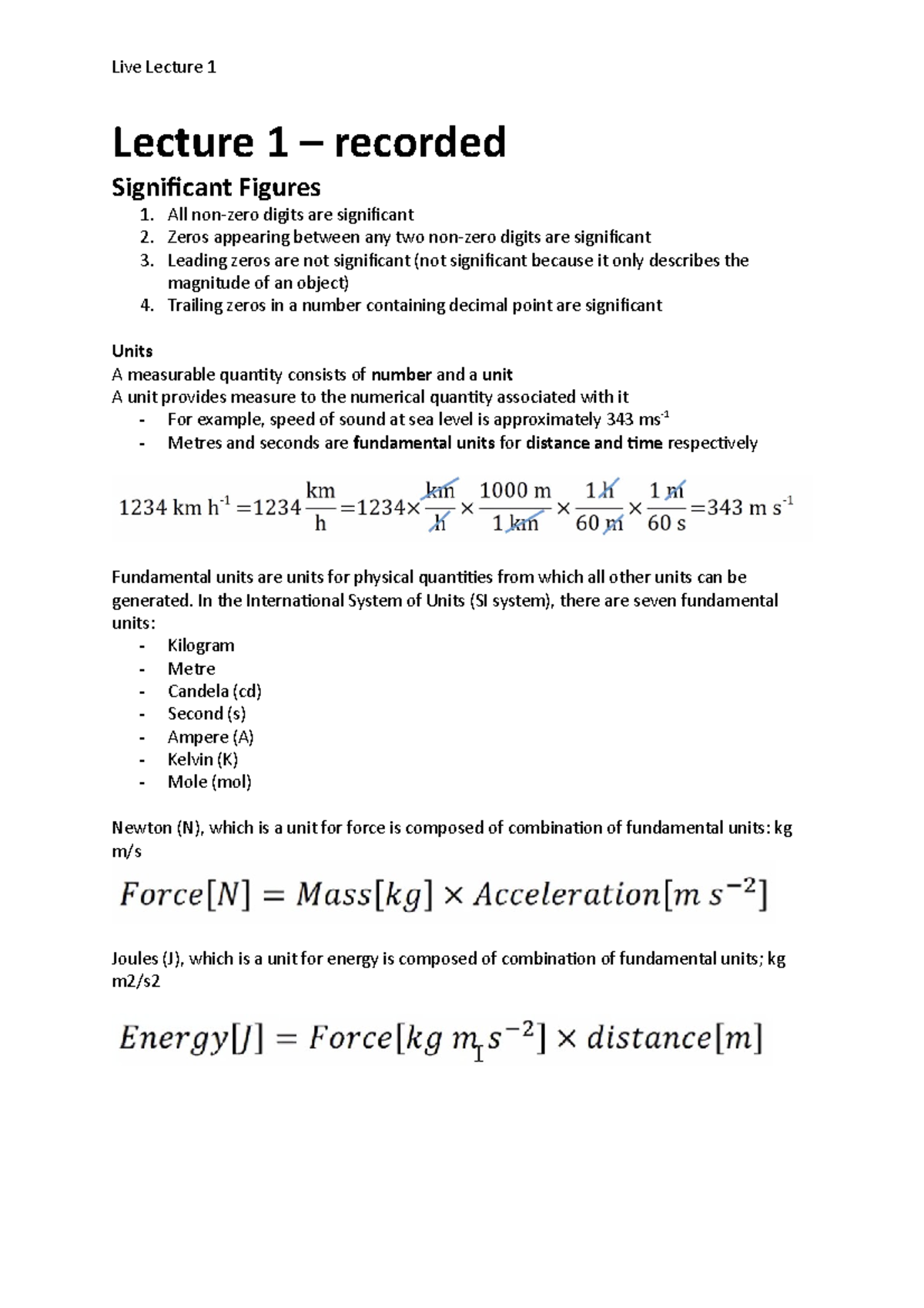 Chem1111 Week 1 Lecture 1 Summary - Lecture 1 – recorded Significant ...