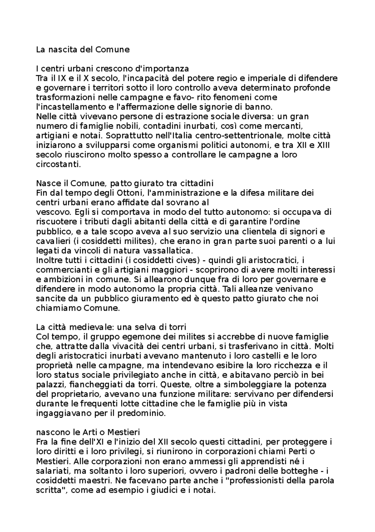 La nascita del comune - Riassunto per le superiori - La nascita del ...