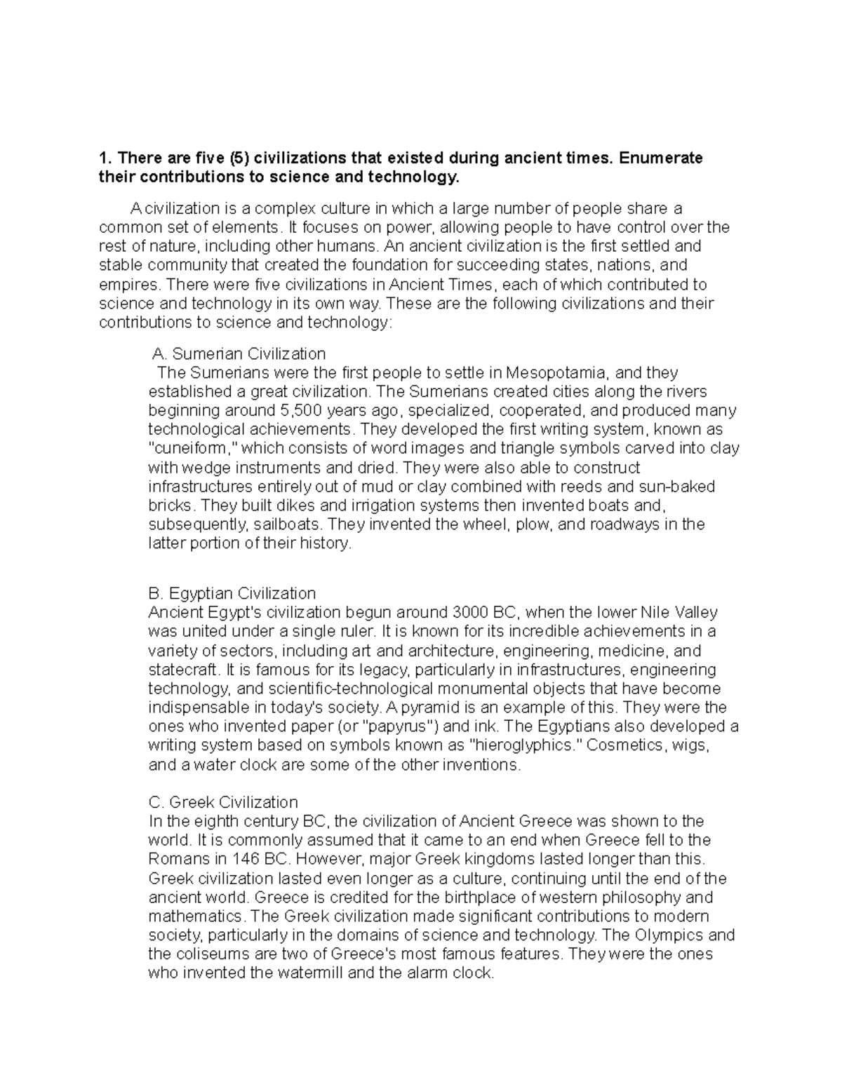 Assignment 1 STS - Civilizations that existed during ancient times - 1 ...