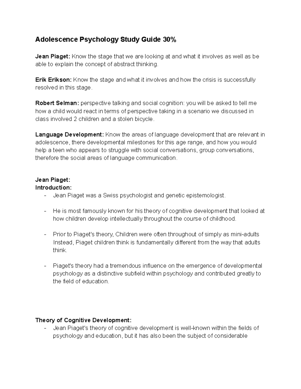 Adolescence Psychology midterm - Adolescence Psychology Study Guide 30% ...