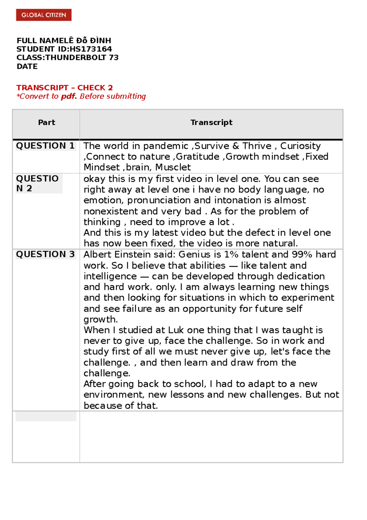 Check 2 Transcript - LUK1 - FULL NAMELÊ Đỗ ĐÌNH STUDENT ID:HS CLASS:THUNDERBOLT 73 DATE ...