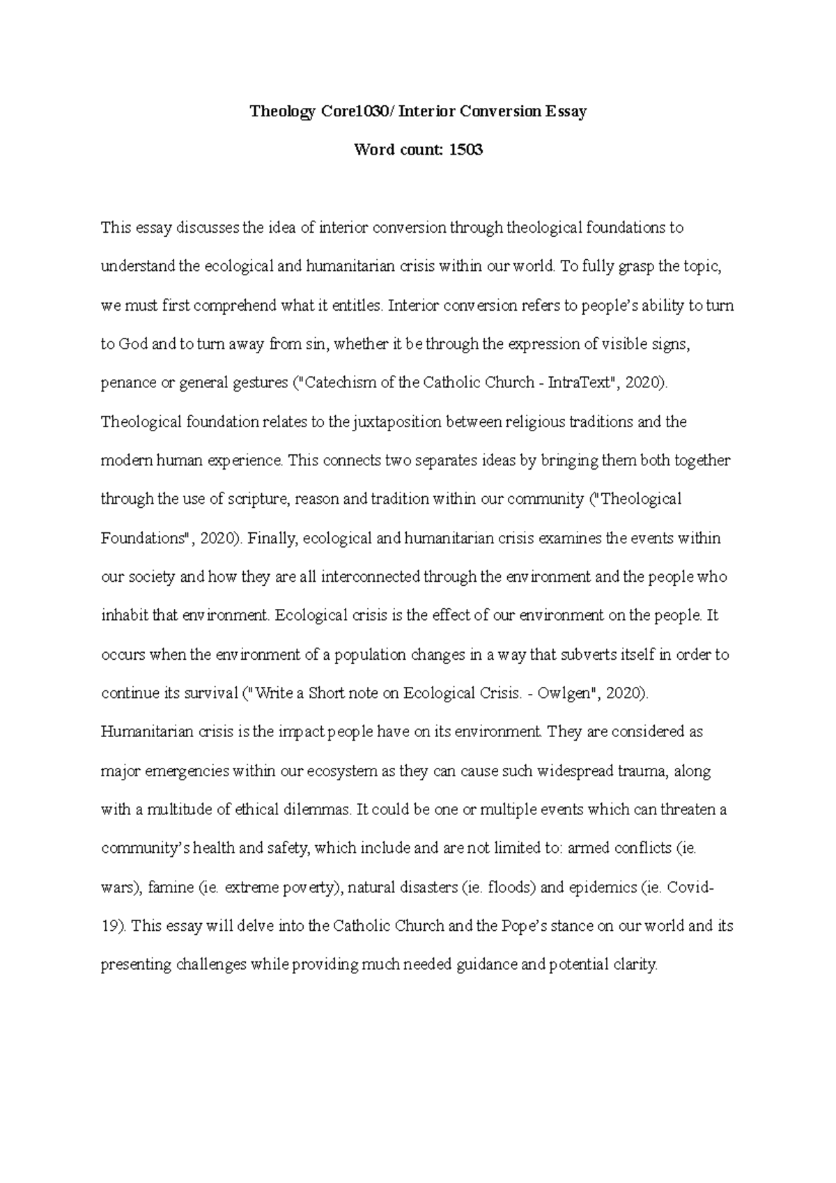 Theology Essay - Theology Core1030/ Interior Conversion Essay Word ...