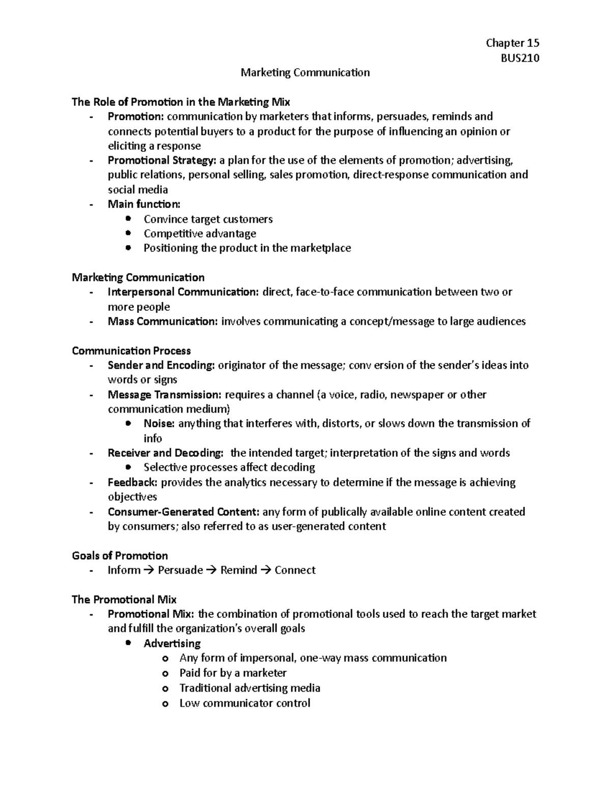 Chapter 15 - Summary MKTG - MKTG - BUS Marketing Communication The Role ...