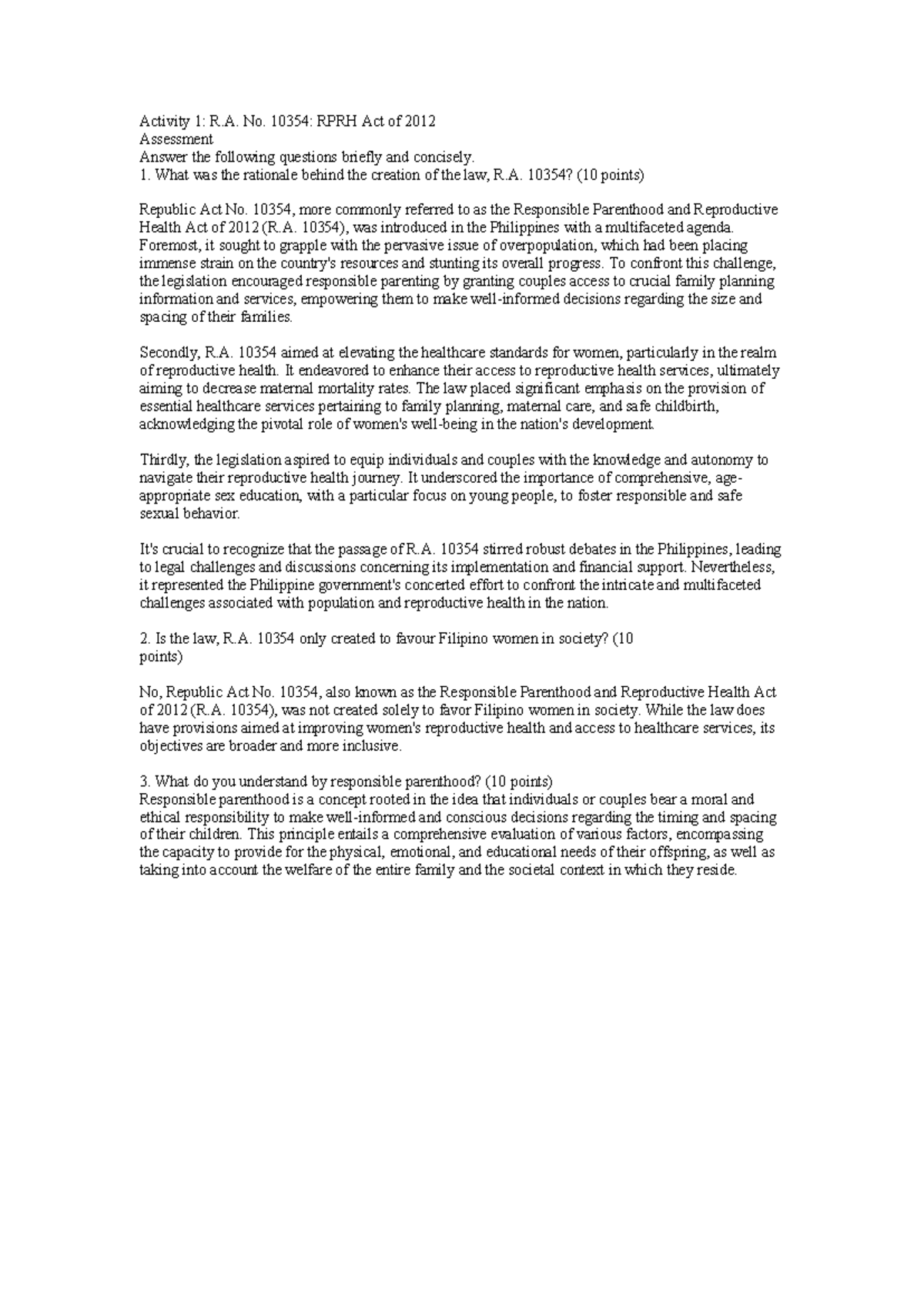 Pradez K Activity 1 - ethics - Activity 1: R. No. 10354: RPRH Act of ...