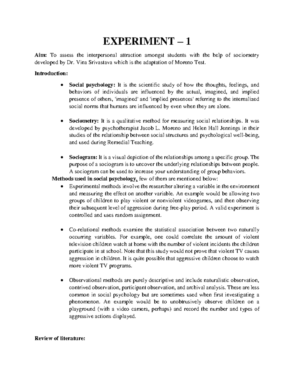 Experiment 1 Sociometry - EXPERIMENT – 1 Aim: To assess the ...