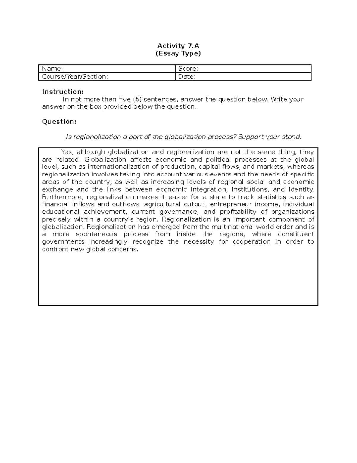 Midterm-Activity 2 10 pts - Activity 7 (Essay Type) Name: Score: Course/Year/Section: Date ...