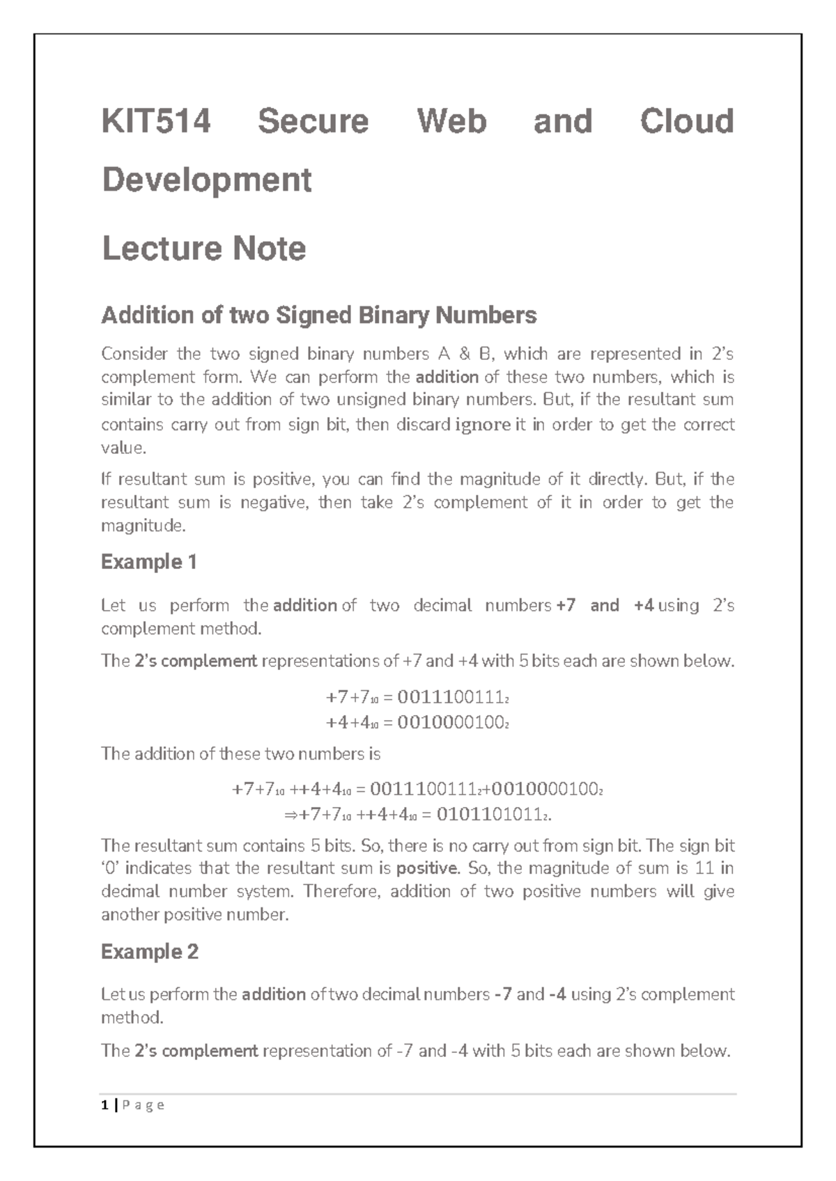 KIT514 Secure Web and Cloud Development Addition of two Signed Binary Numbers lecture note - Studocu
