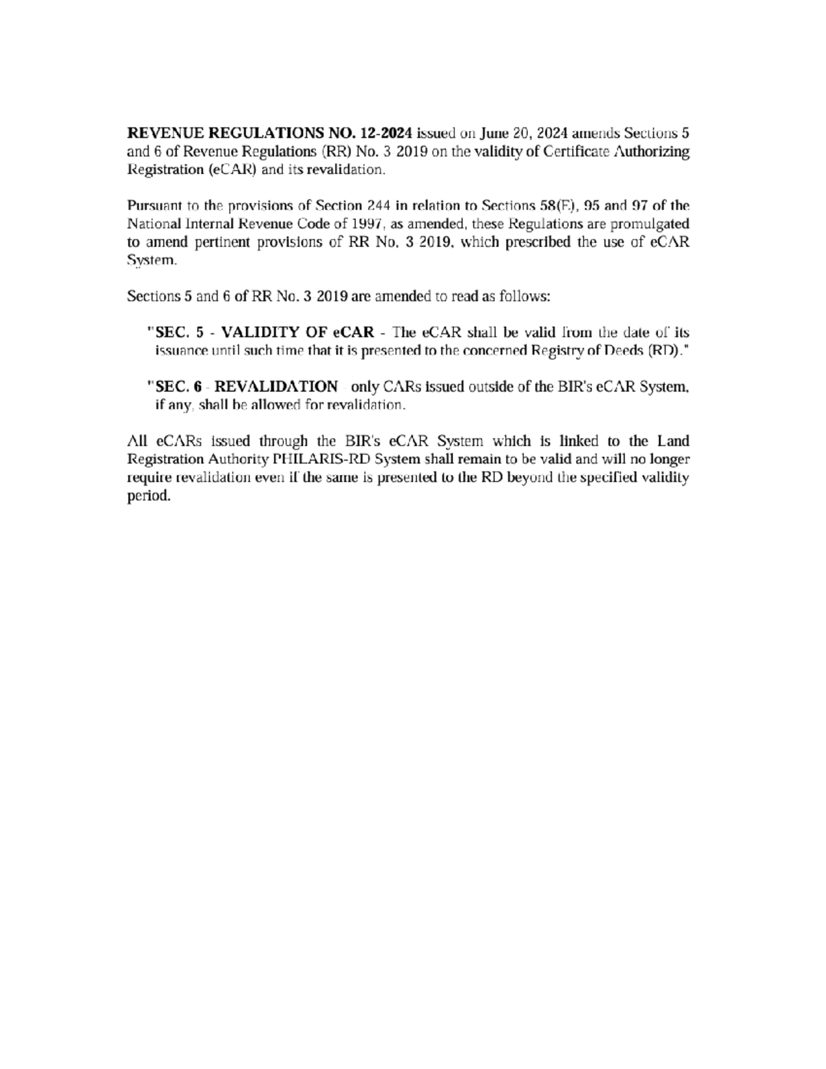 RR 12-2024 validity of Certificate Authorizing Registration and its ...