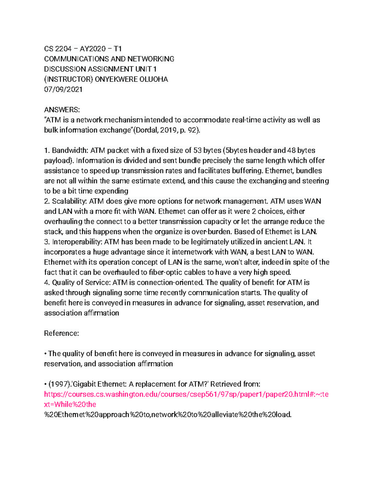 CS 2204 Discussion W1 - CS 2204 – AY2020 – T COMMUNICATIONS AND NETWORKING DISCUSSION ASSIGNMENT ...