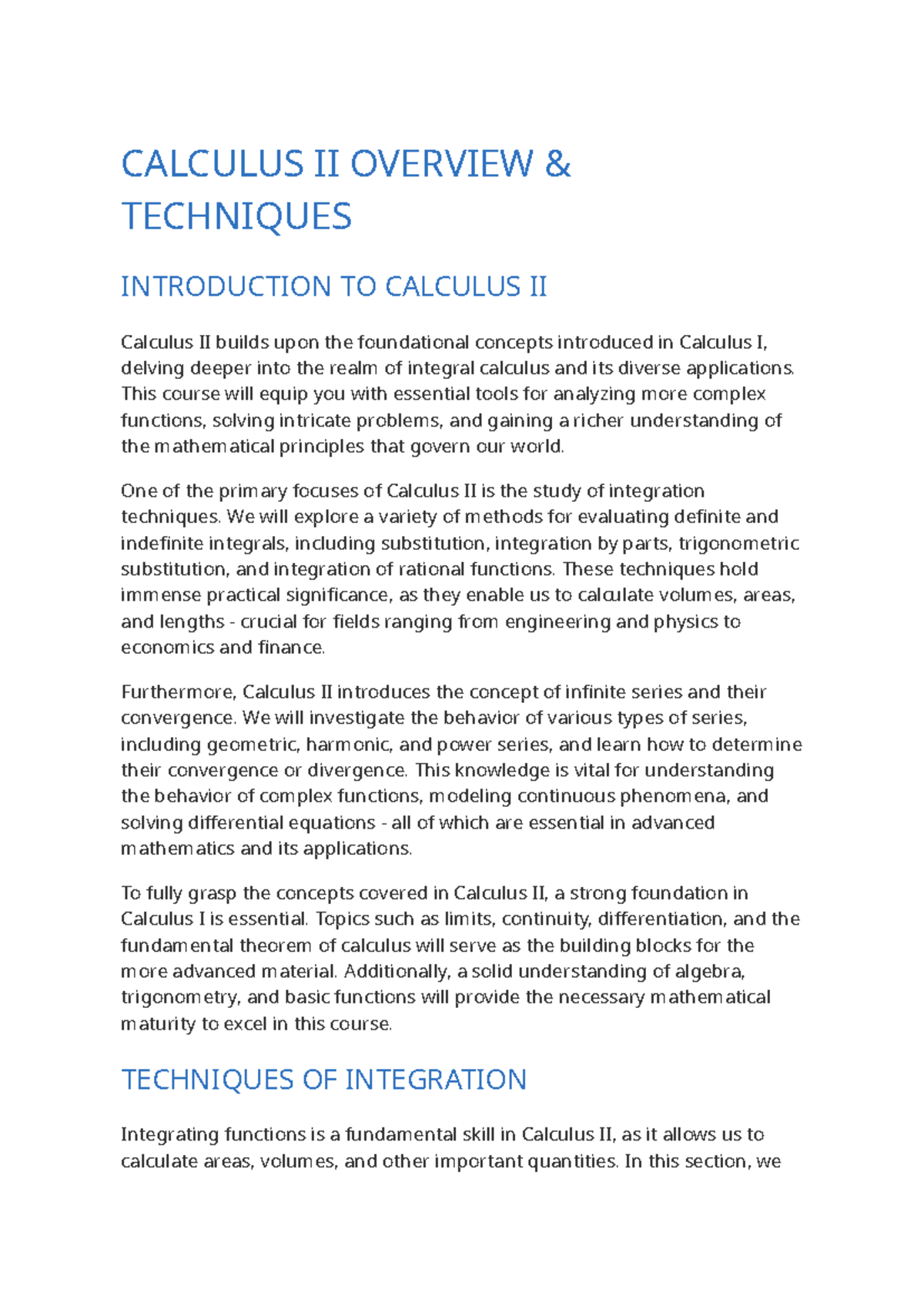Calculus II Overview & Techniques - CALCULUS II OVERVIEW & TECHNIQUES ...