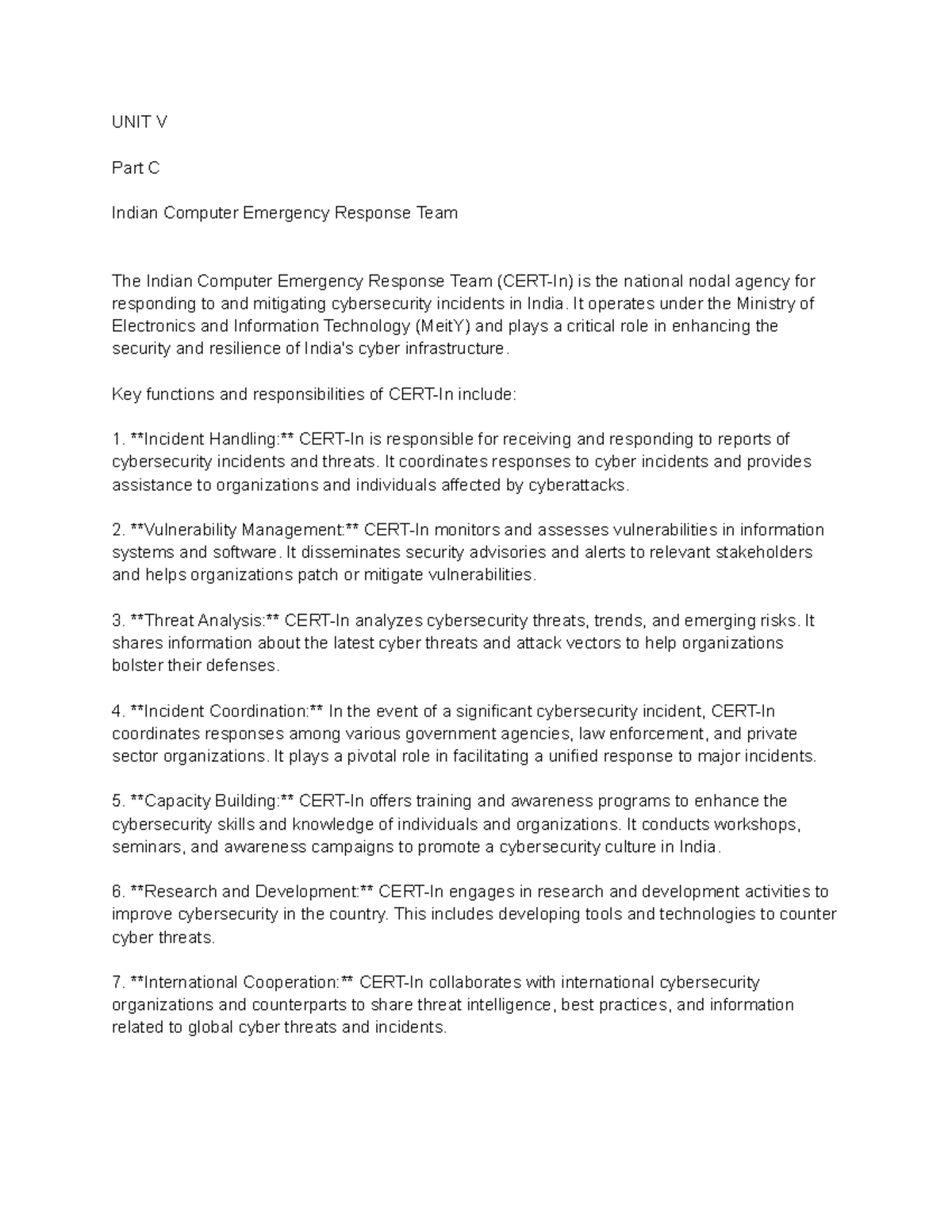 V Cyber Law - UNIT V Part C Indian Computer Emergency Response Team The ...