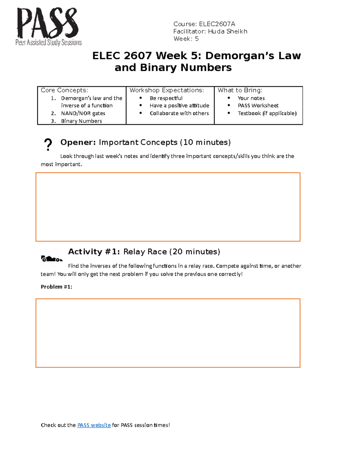 PASS Worksheet ECOR 1047 - Course: ELEC2607A Facilitator: Huda Sheikh ...