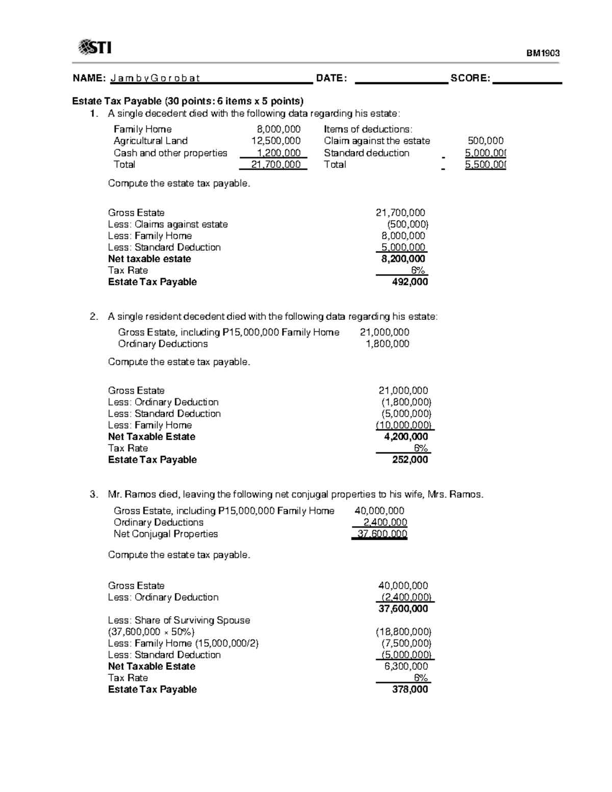 05 Quiz 1(JG) - Quiz - BM NAME: J a m b y G o r o b a t DATE: SCORE ...