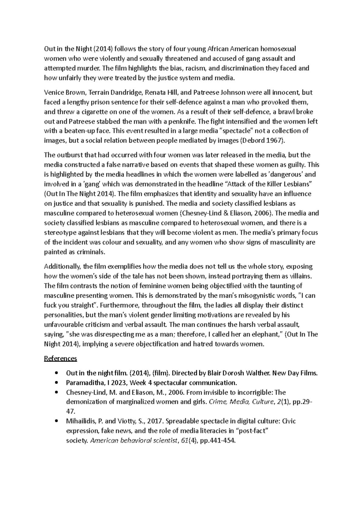 Screening response - assignment - Out in the Night (2014) follows the ...