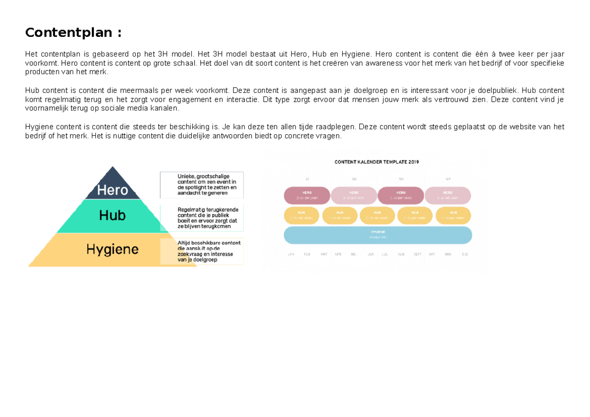 Contentplan - Het 3H model bestaat uit Hero, Hub en Hygiene. Hero ...