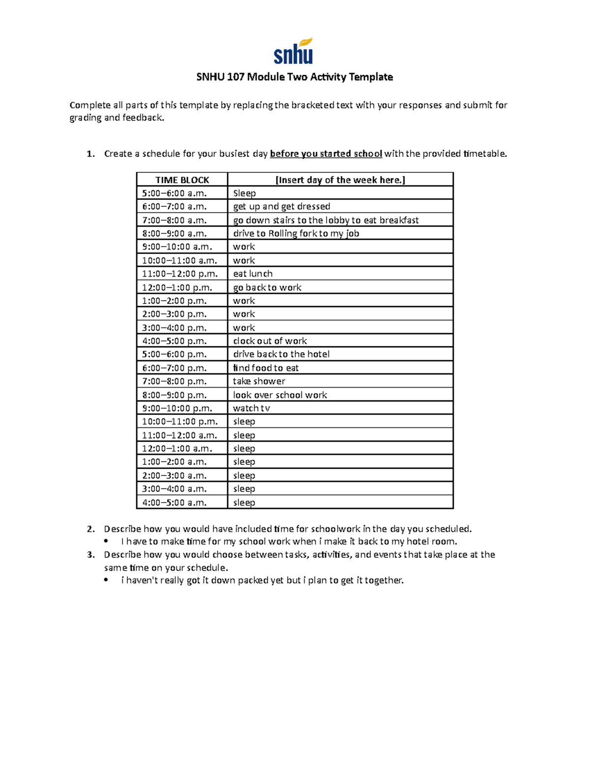 Week 2 assitgnment - assignment work - SNHU 107 Module Two Activity ...