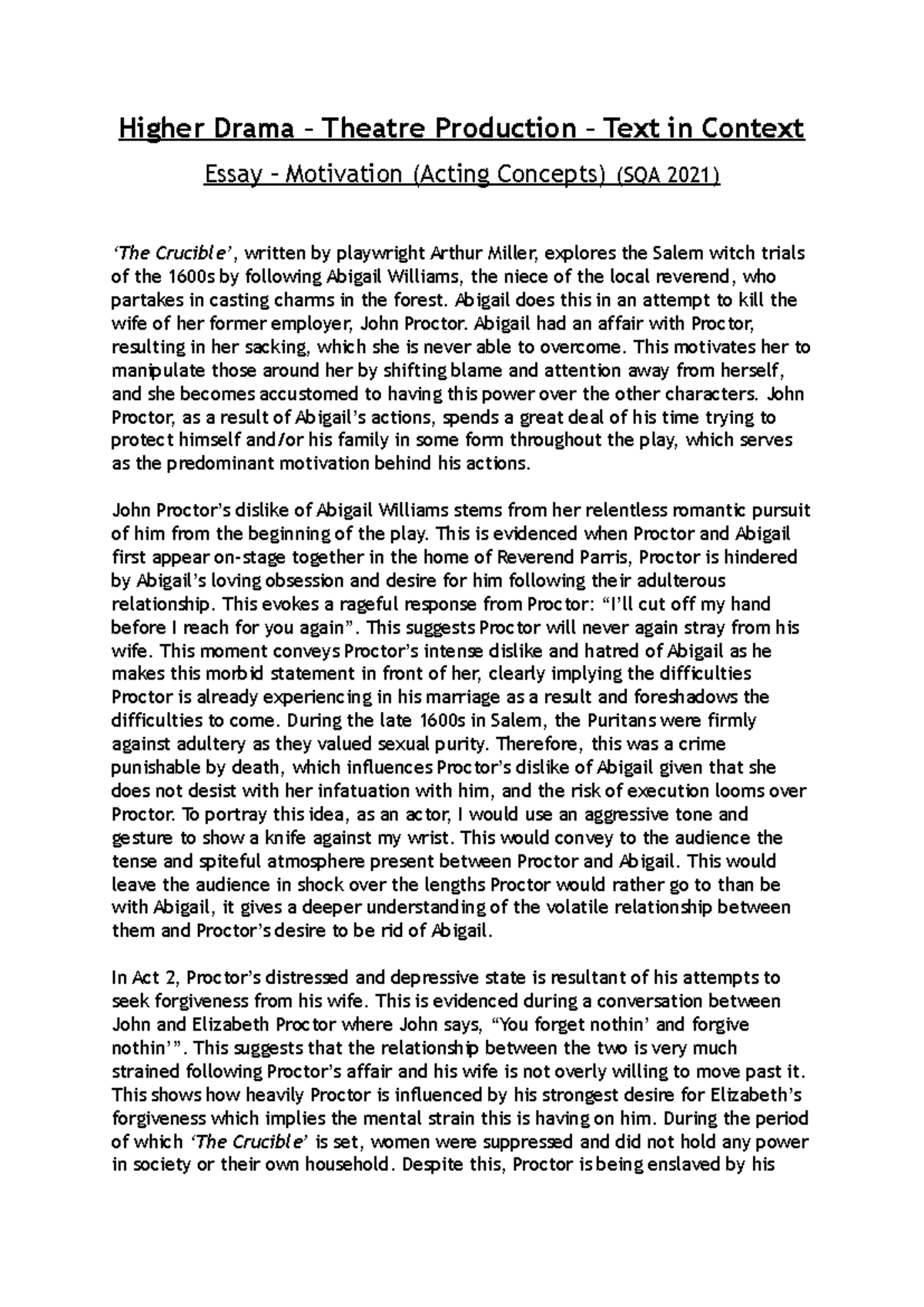 Theatre Production - Text in Context - The Crucible (Acting Concepts ...