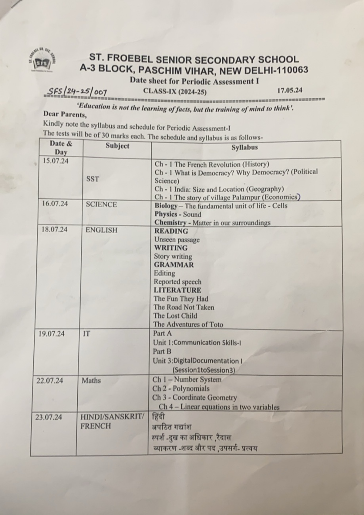 Class 9 datesheet pt1 24 - Mathematics: Applications and Interpretation ...