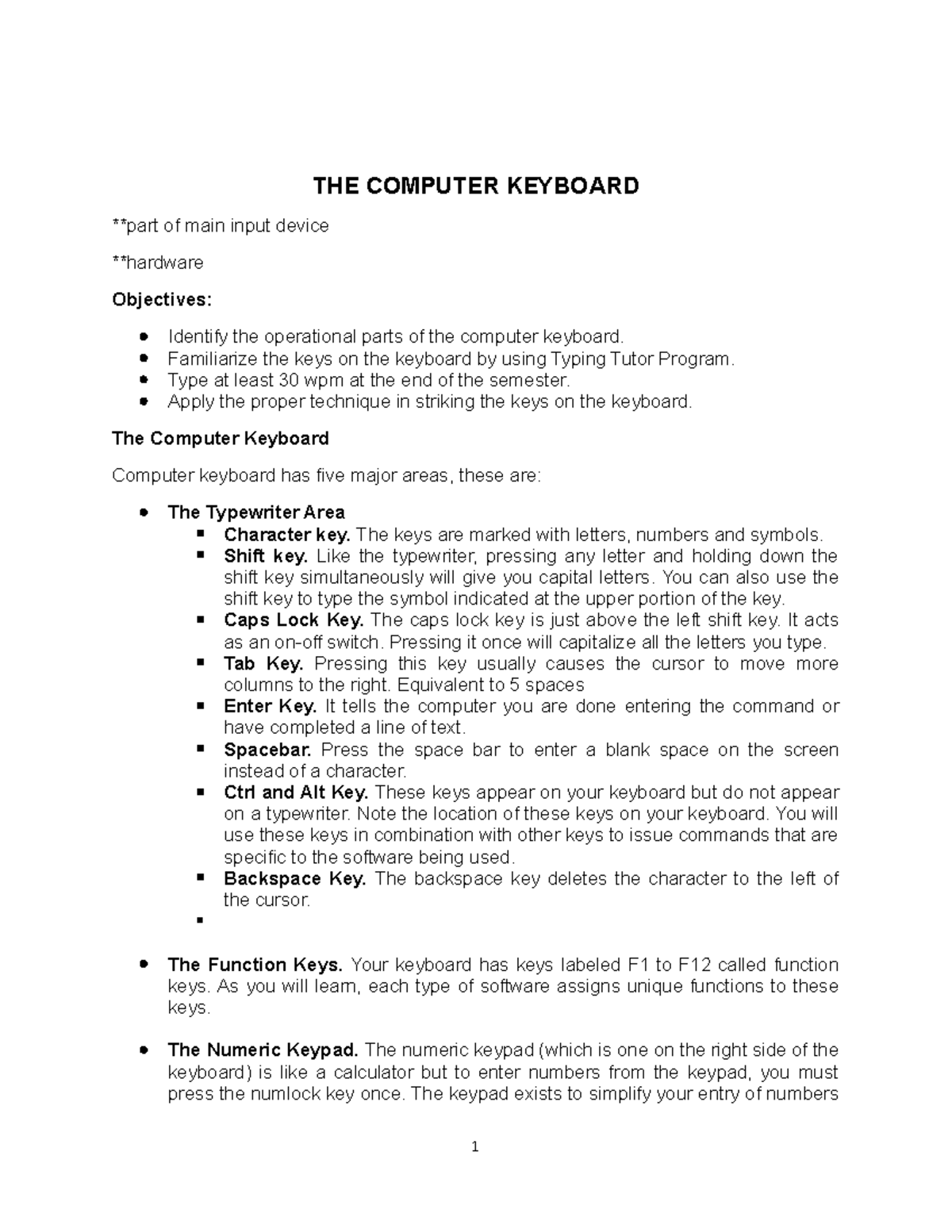 THE Computer Keyboard - Lecture notes 1,10 - THE COMPUTER KEYBOARD ...