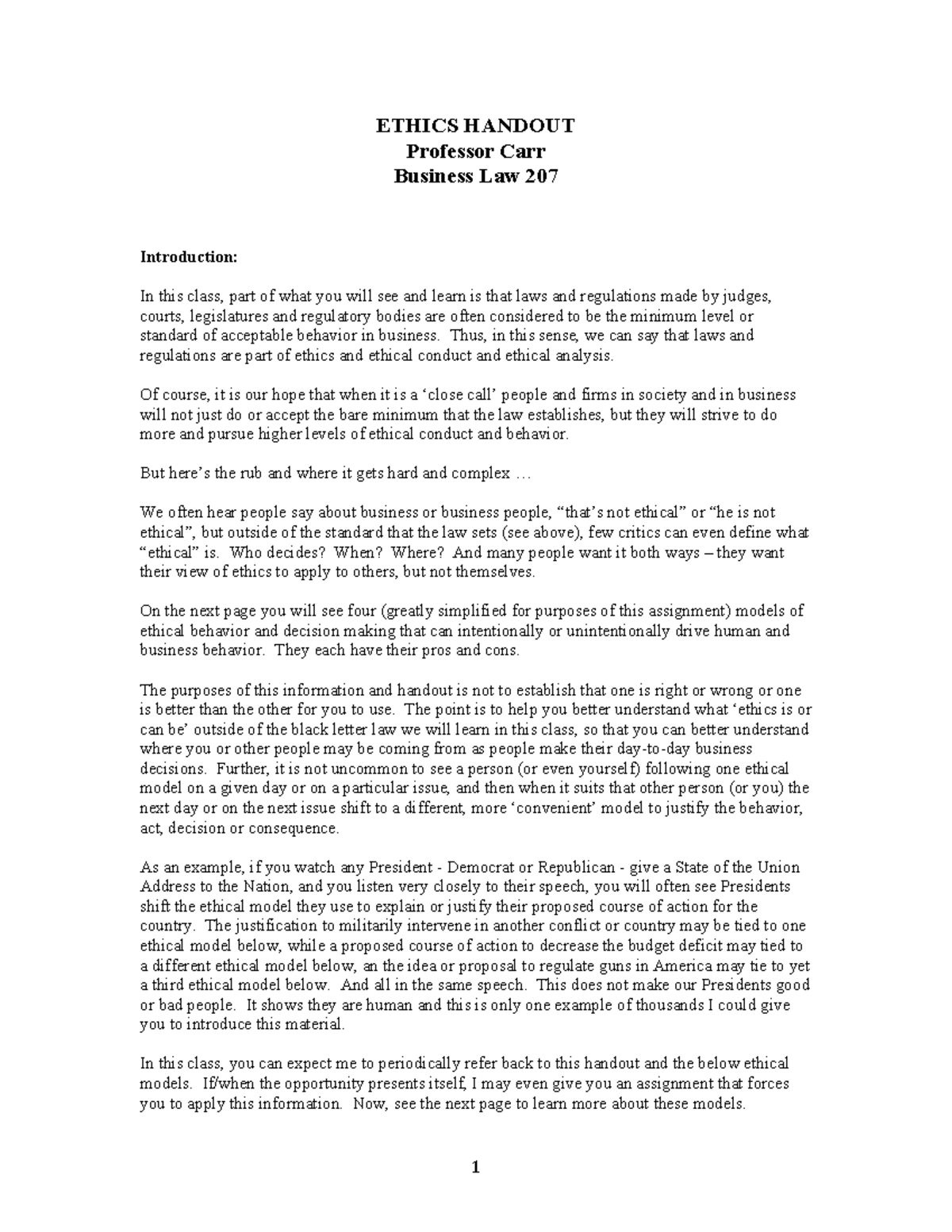 Ethics Handout, BUS 207 (1) (PDF) - 1 ETHICS HANDOUT Professor Carr ...
