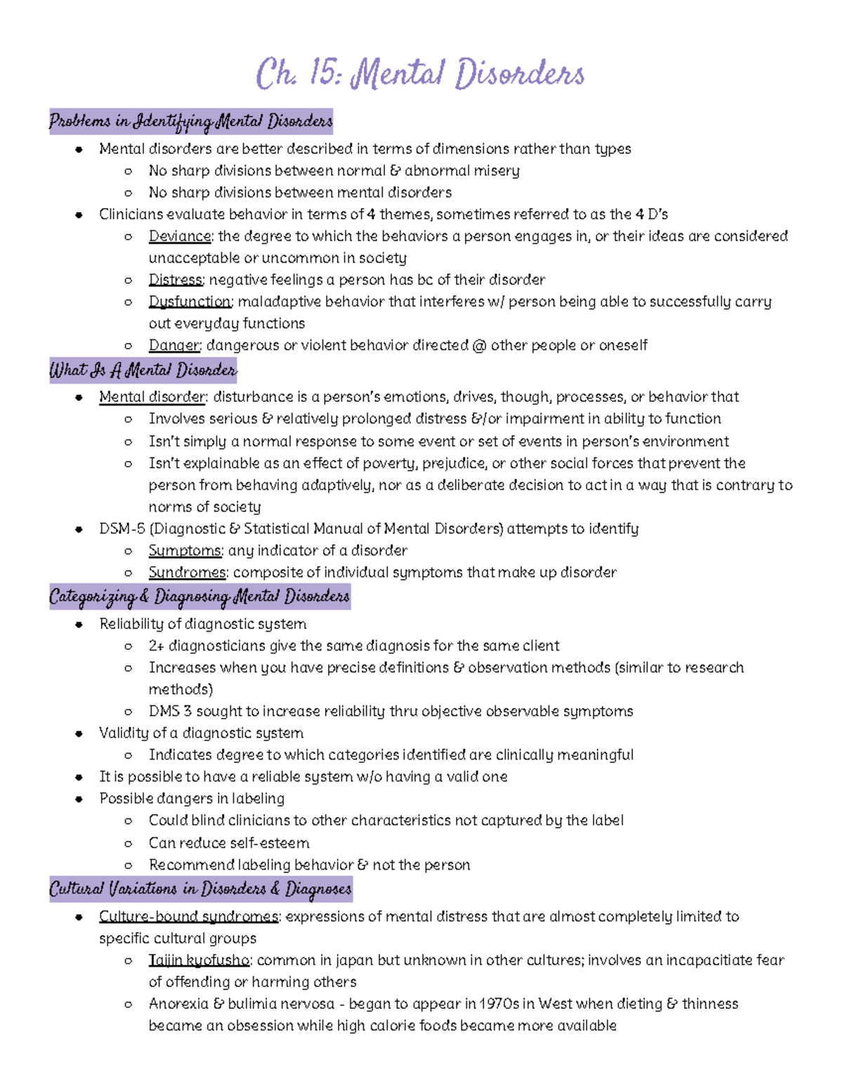 Chapter 15 Notes: Mental Disorders - Ch. 15: Mental Disorders Problems ...