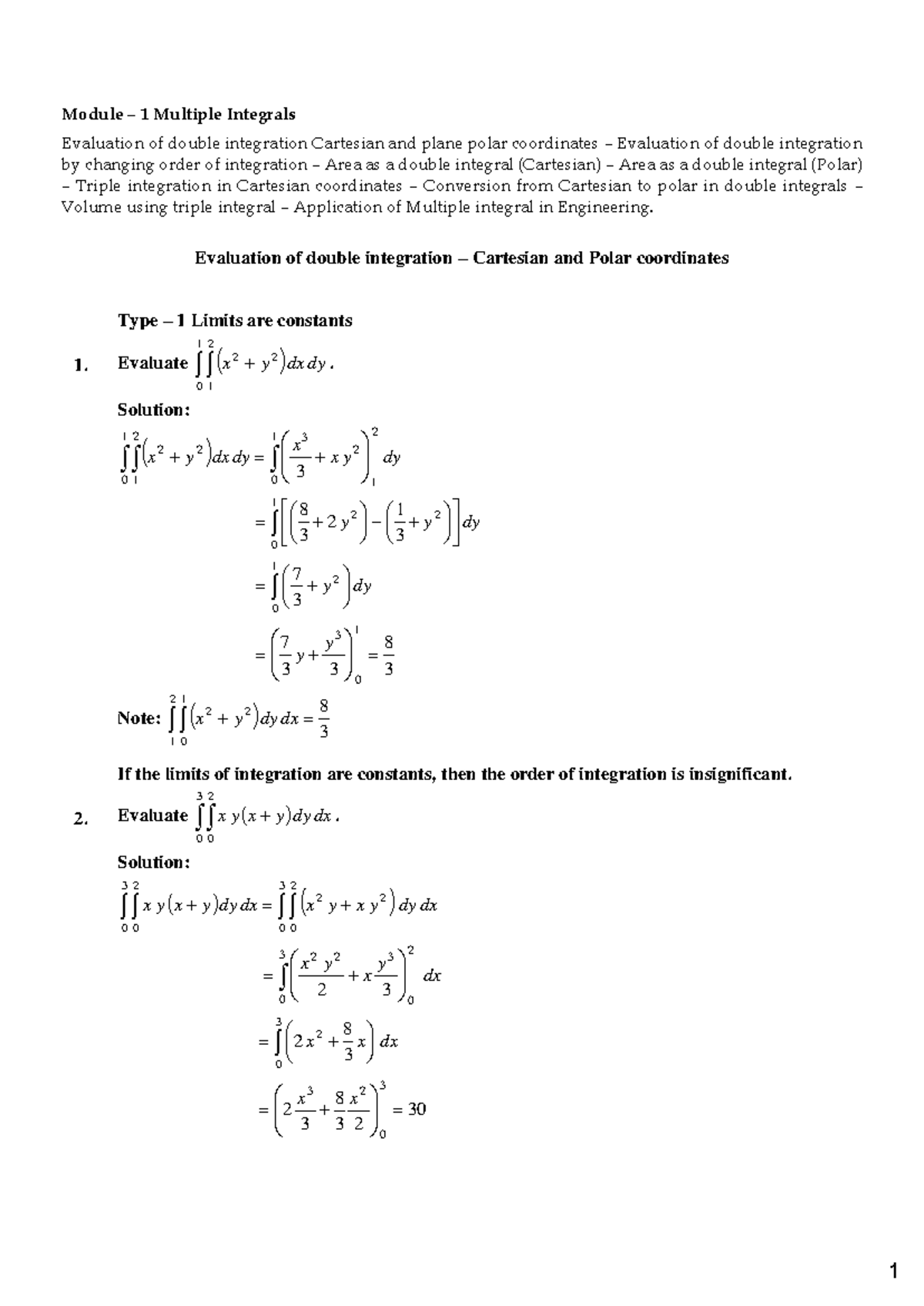 Unit 1 - Multiple Integrals - SRM IST, Ramapuram. 1 Department of Mathematics Module – 1 ...
