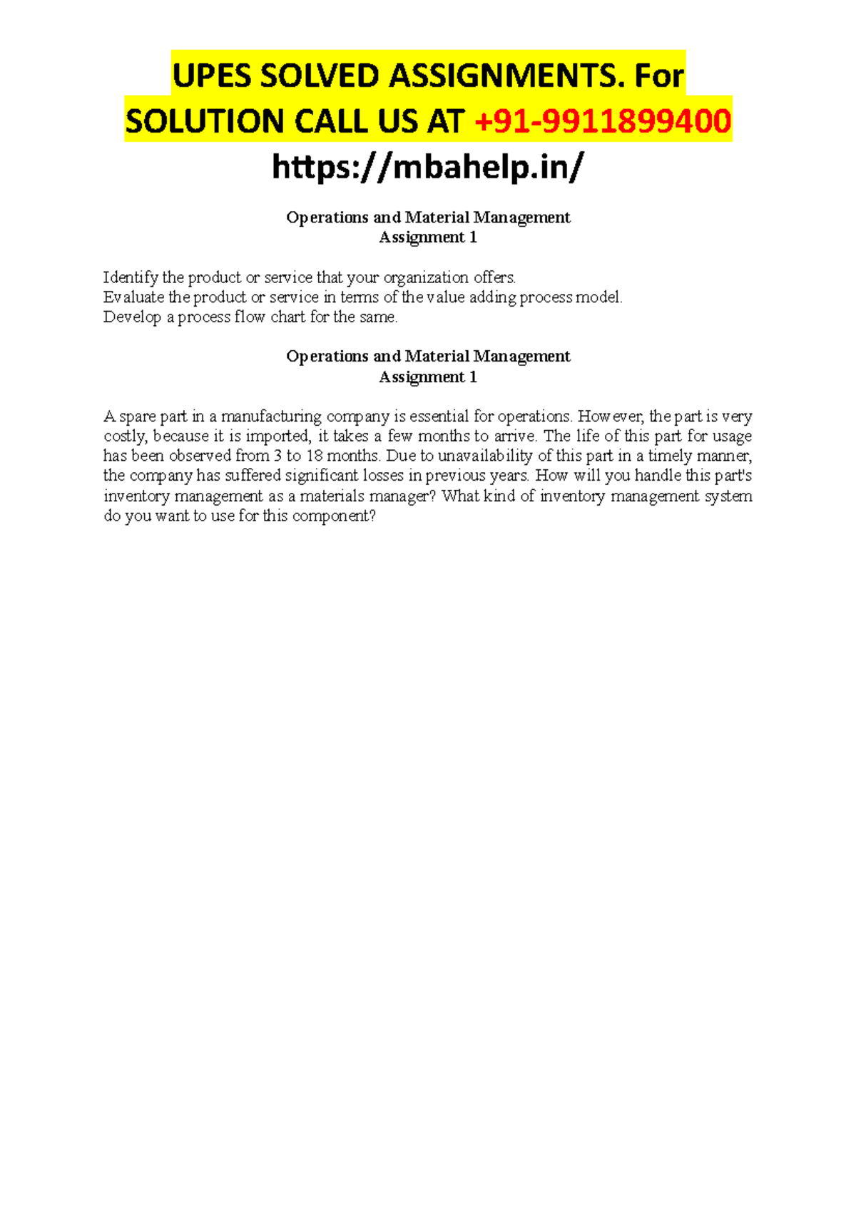 Operations and Material Management UPES Solved Assignment - UPES SOLVED ASSIGNMENTS. For ...