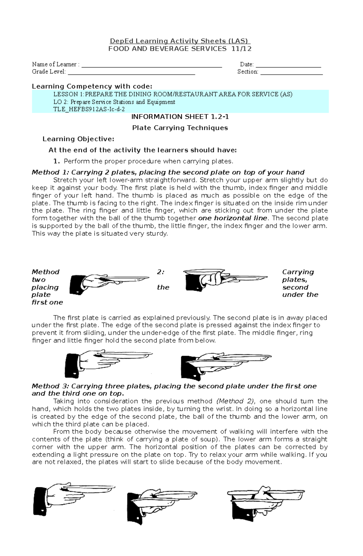 Plate Carrying Technique 1 - DepEd Learning Activity Sheets (LAS) FOOD ...