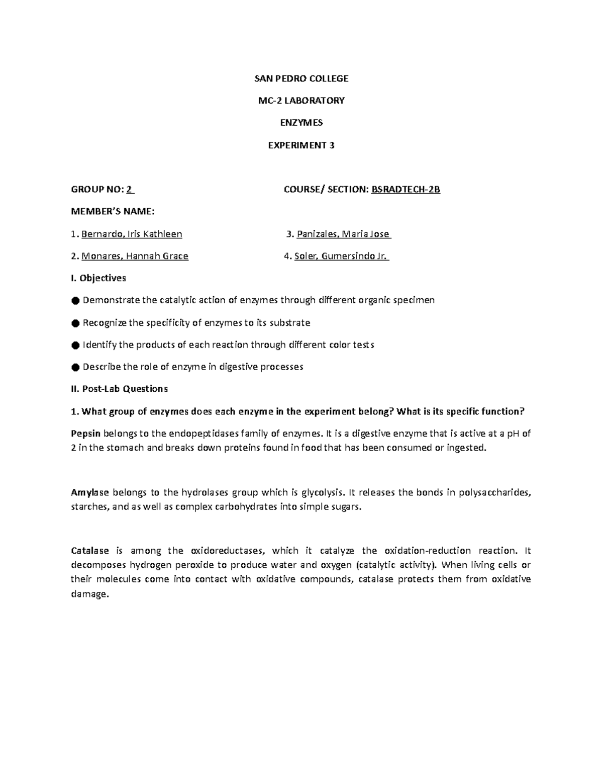 Group 2 LAB Report - SAN PEDRO COLLEGE MC-2 LABORATORY ENZYMES ...