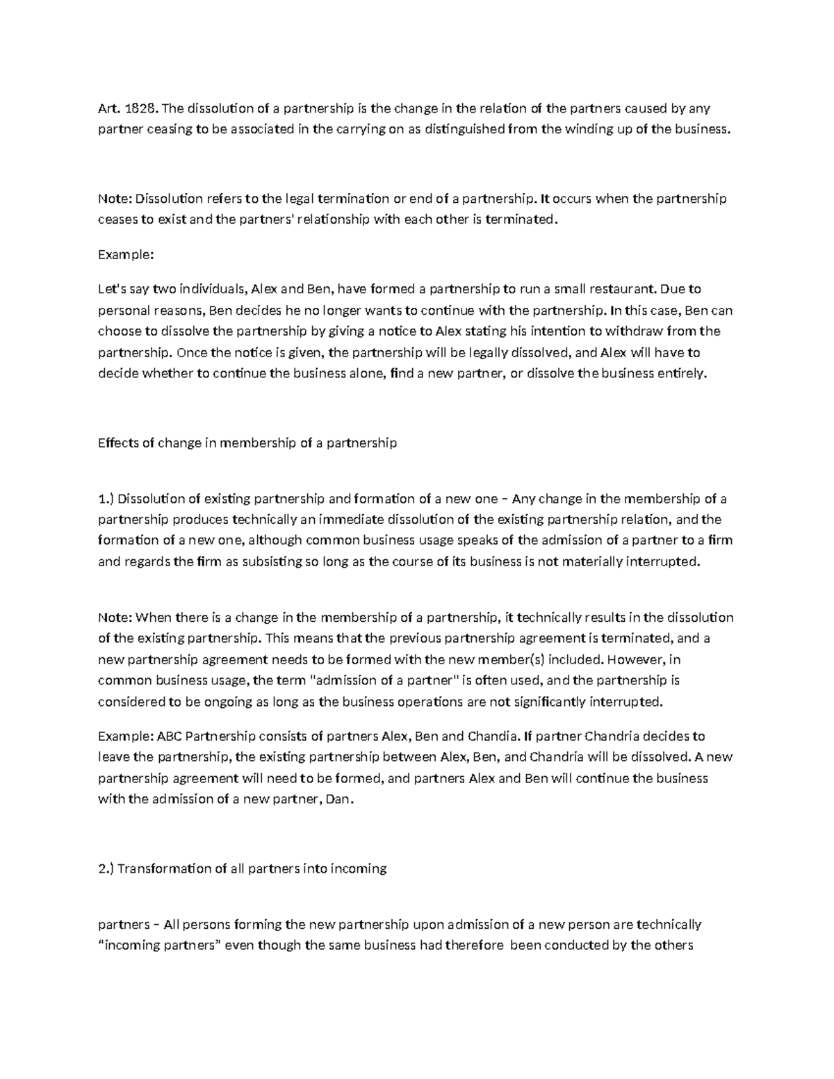 Chapter 3 Dissolution and Winding up - Art. 1828. The dissolution of a partnership is the change ...