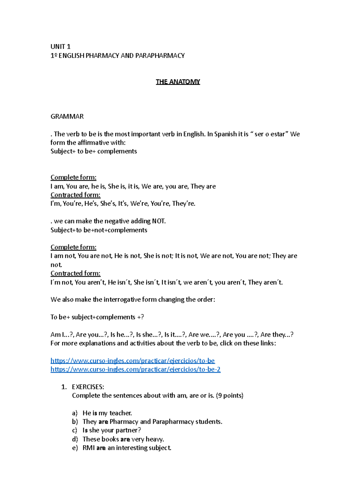 Unit 1 Pharmacy 1 - Actividades resueltas del tema 1 de ingles de 1º de ...