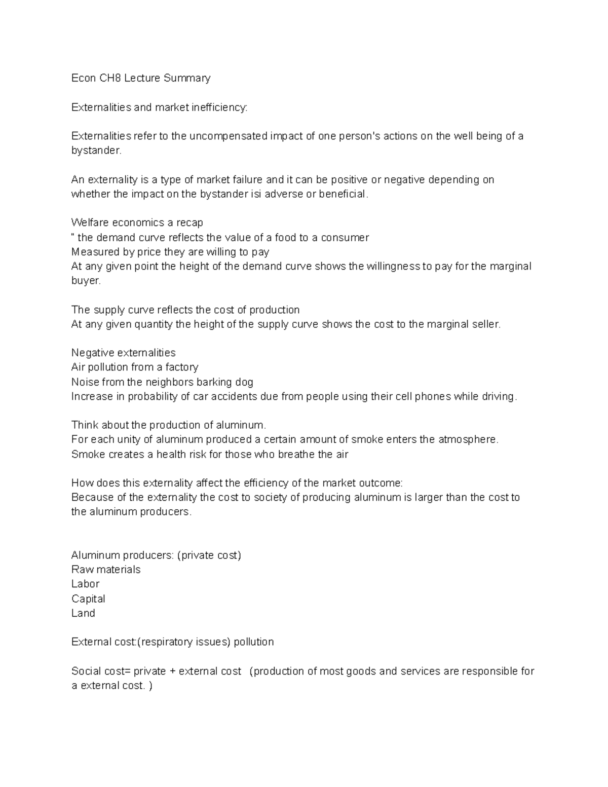 Econ CH8 Lecture Summary - Econ CH8 Lecture Summary Externalities and ...