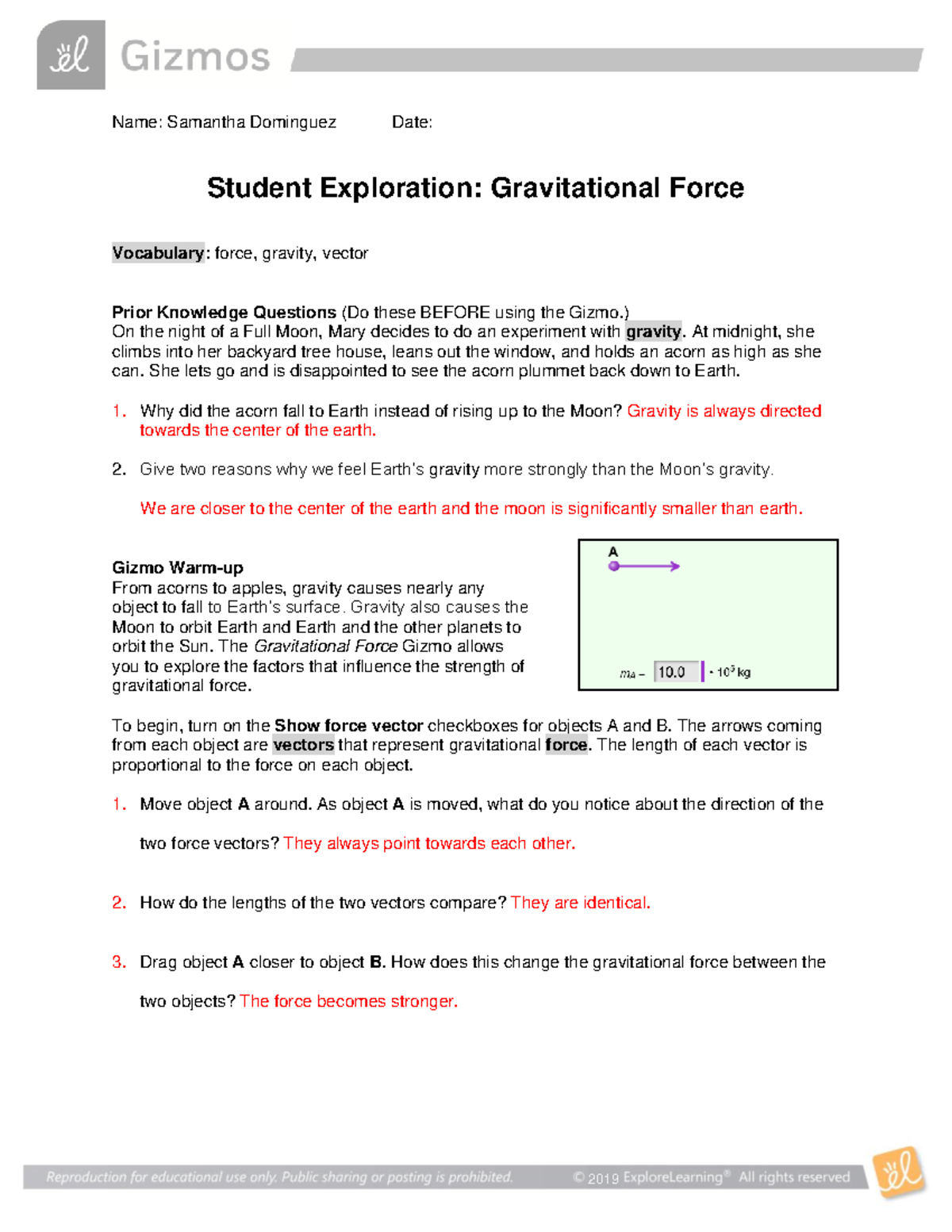 Gravitational Force SE - Name: Samantha Dominguez Date: Student ...