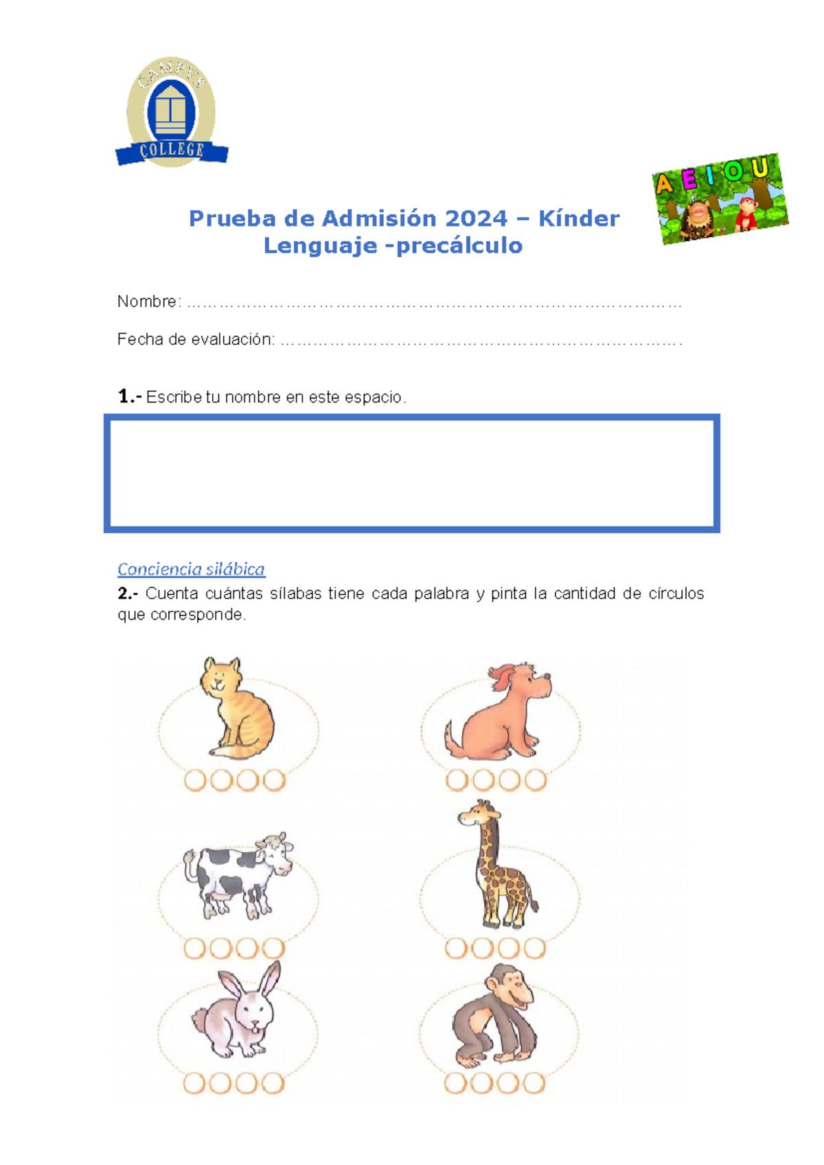 Prueba de Admisión Kínder y primero 2025 - Prueba de Admisión 2024 ...